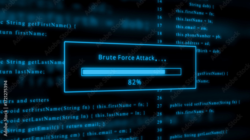 Blue computer code with brute force attack progress bar at 82 percent ...