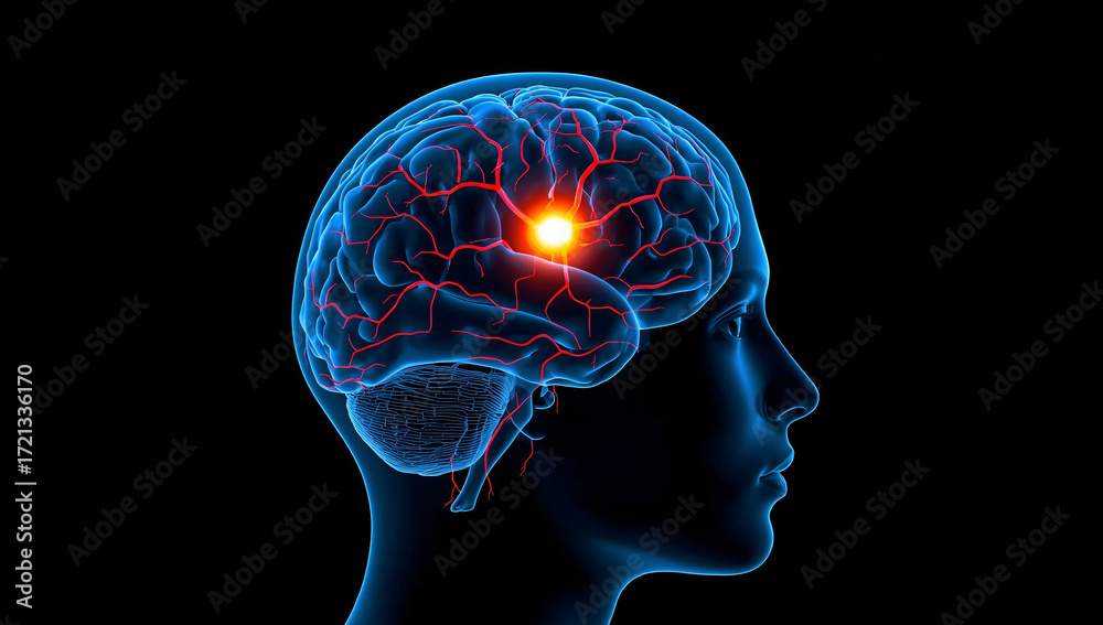 Human head with an X ray showing the brain highlighted in red ...