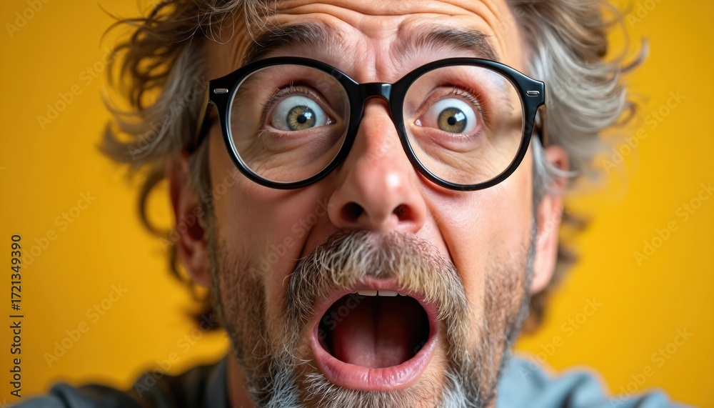 Man with glasses displays exaggerated shocked expression for humorous ...