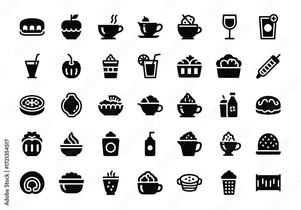 Image vectorielle Stock Collection of black food and drink icons on a ...