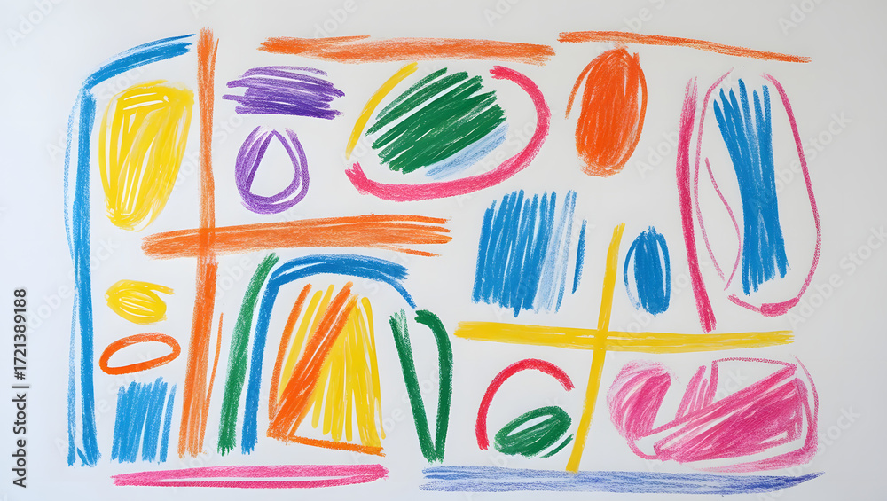 scribbles made by kindergarten children using crayons, works full of ...