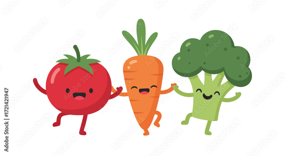 Image vectorielle Stock Cute cartoon vegetables dancing happy tomato ...