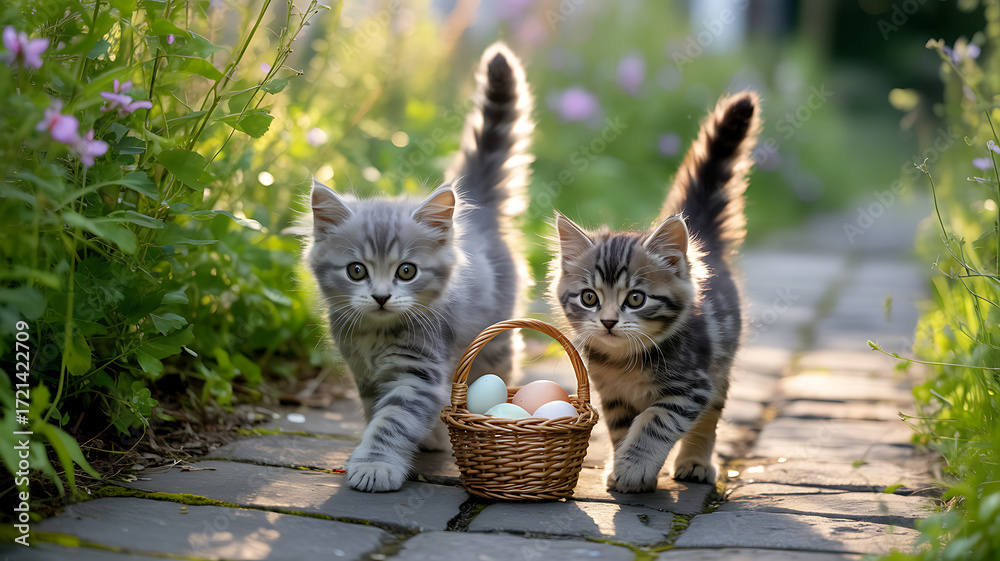 Two adorable tabby kittens walk sidebyside on a stone path, carrying a ...
