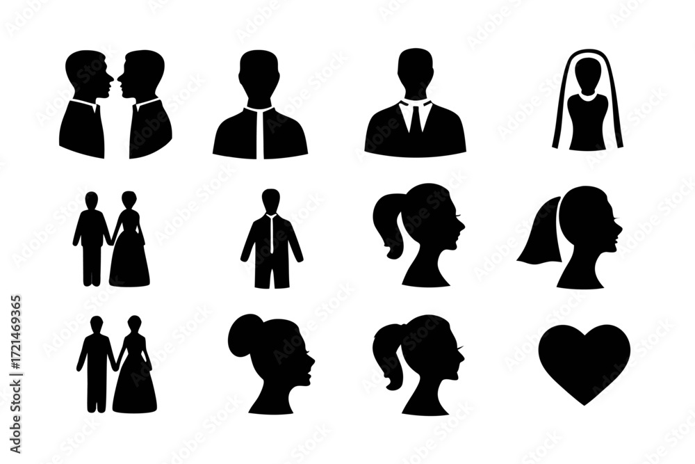 Diverse collection of wedding and relationship icons, featuring couples ...