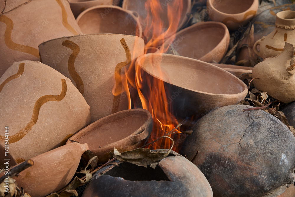 Foto de Stock the firing process of clay pottery in Huancas brings ...
