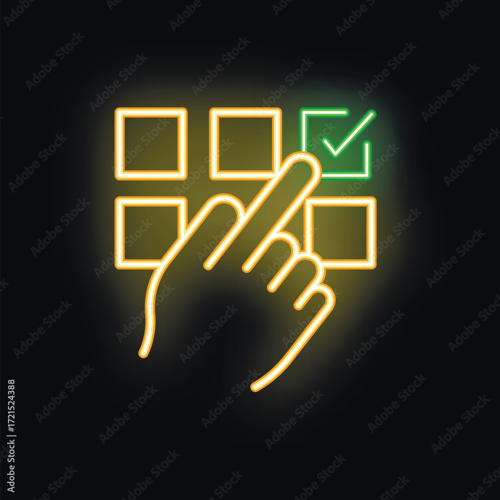 Neon sign of a hand selecting a check mark in a grid, representing ...
