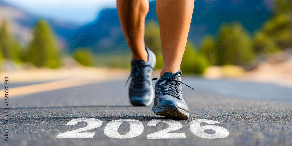 Foto de Stock Man running on the mountain road towards new goals in 2026. New Year 2026 with new ...