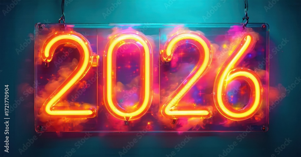 Bright neon sign displays year 2026. Vivid colors, smoke effects create ...