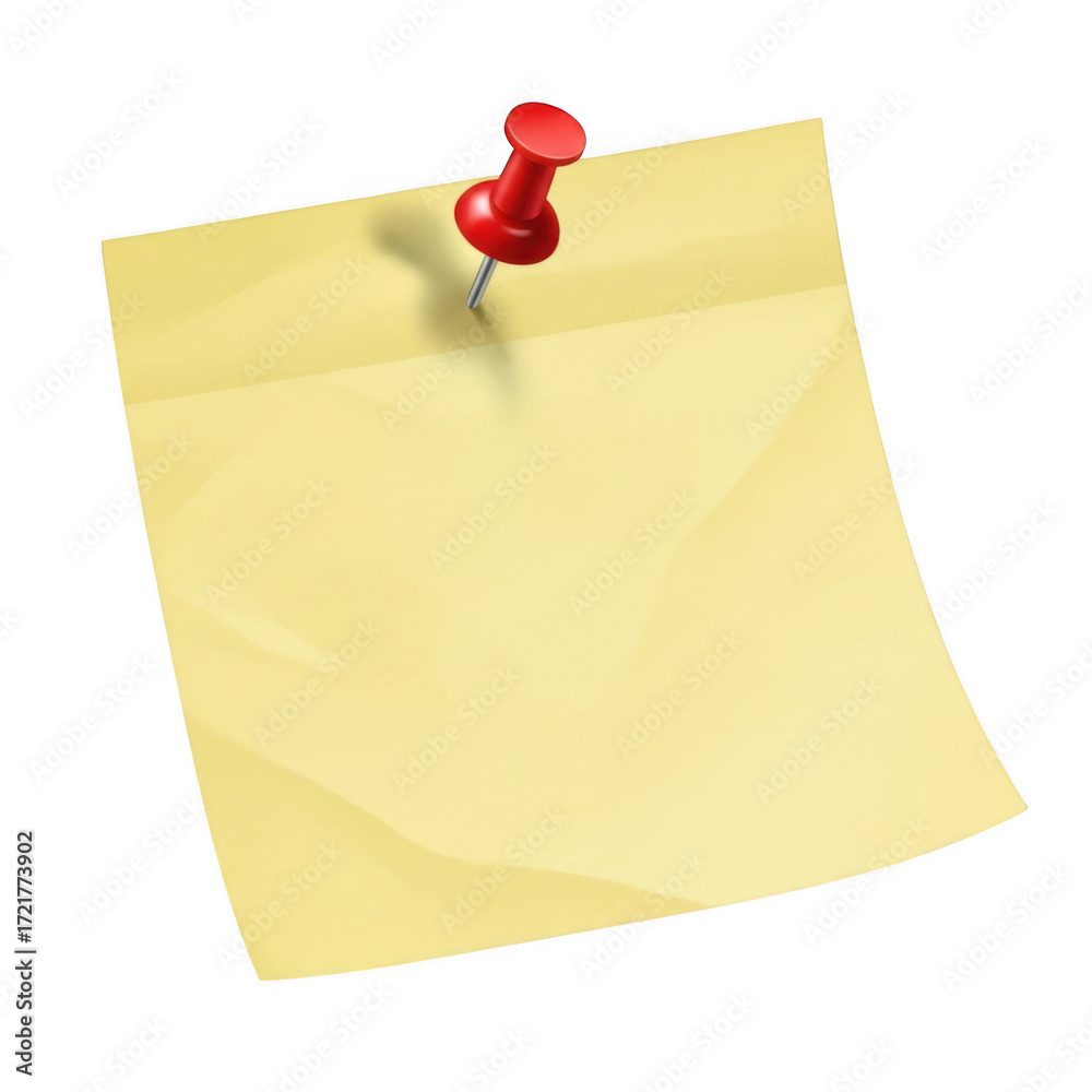 Yellow post it note pinned with red thumbtack isolated on transparent ...