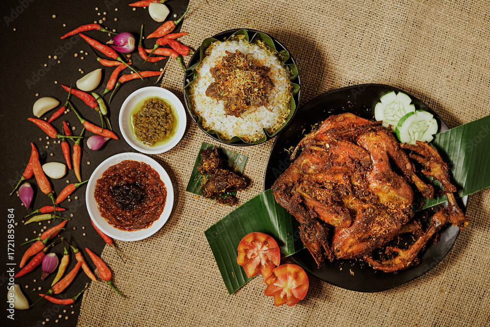 Spicy Taliwang Chicken served with warm white rice, chili sauce, fried ...