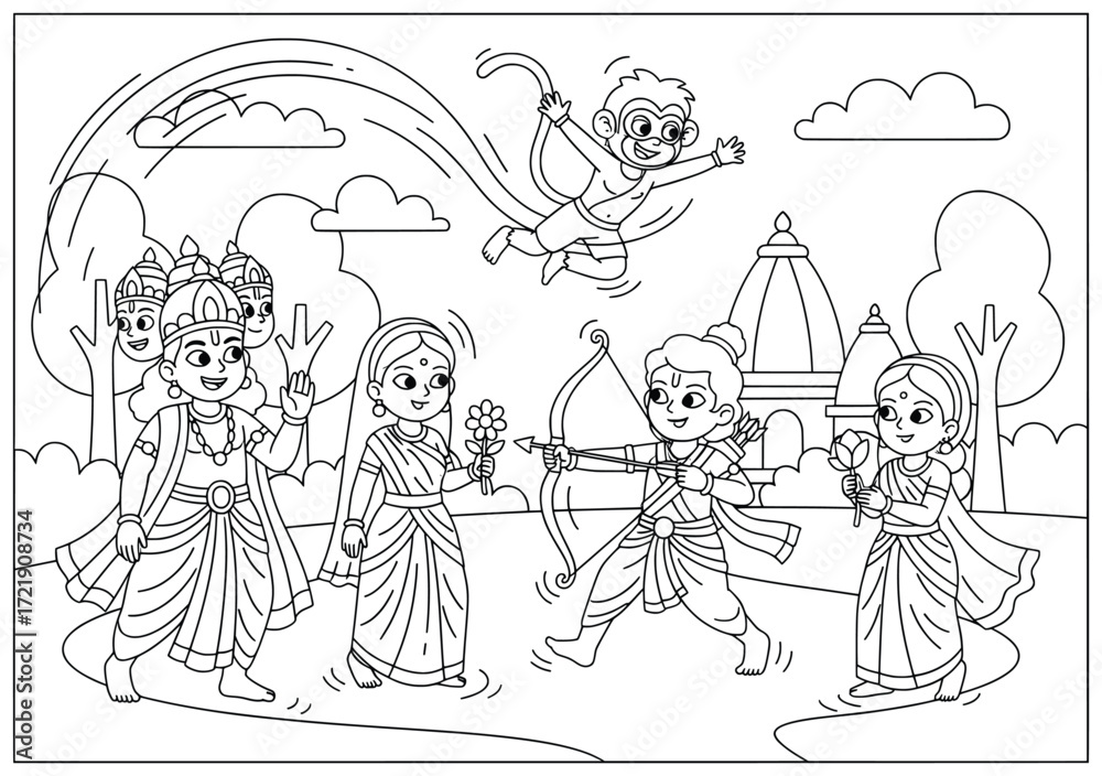 Ramayana illustration of Lord Rama, Sita, Hanuman, Ravana, and ...