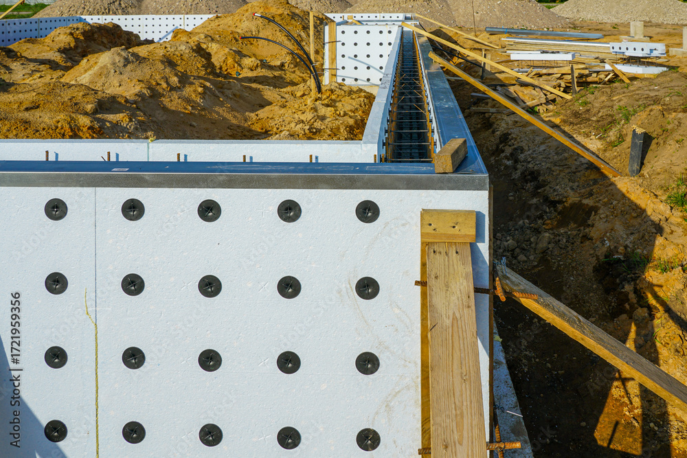 ICF foundation wall with rebar grid and formwork supports at modern ...