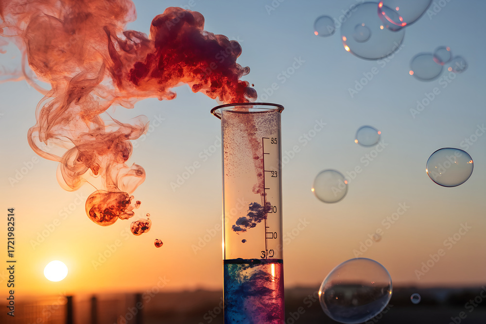 Graduated cylinder with layered liquid, rising red vapor, and floating ...