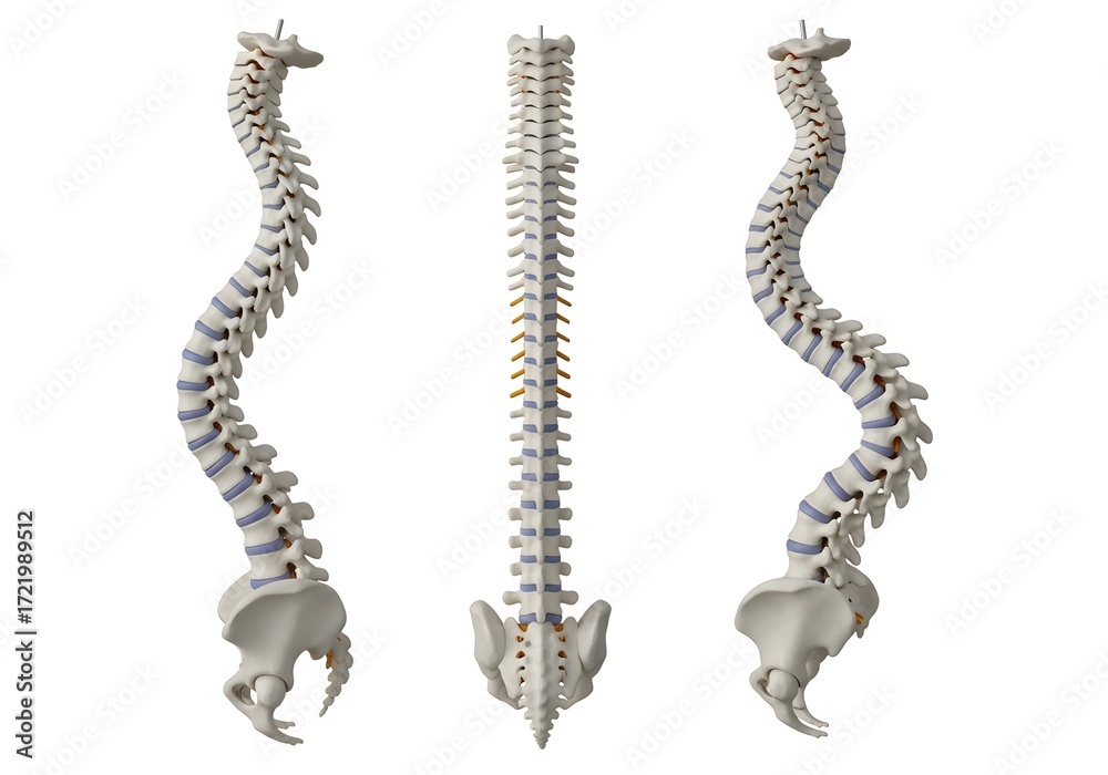 Three views of a spinal column model showing lateral curvature and ...