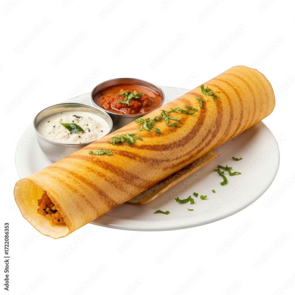 Foto de Stock Crispy Dosa with Sambar and Chutney on a White Plate with ...