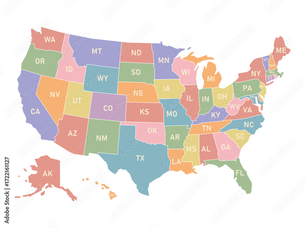USA map. United States map with colored states. America map isolated on ...