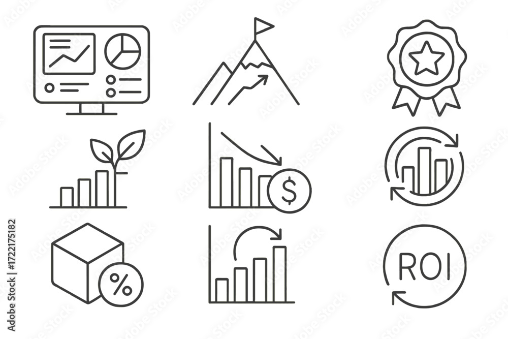 Circular Business Icons. Line style icons of measuring success in ...