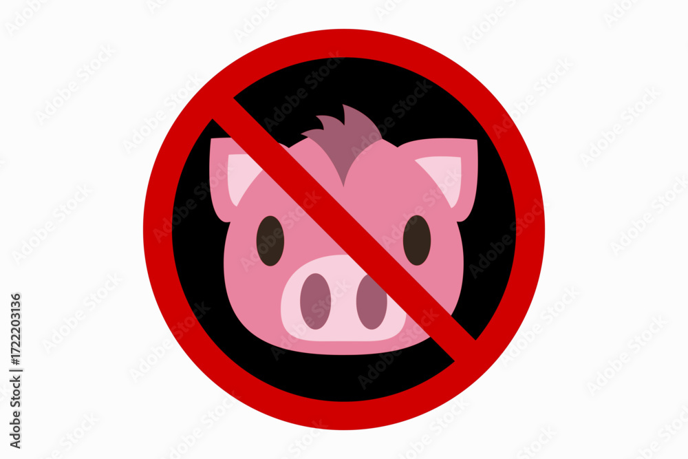 Vector illustration of prohibition sign with pig face inside red circle ...
