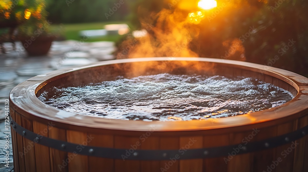 Steaming Hot Tub Relaxing with bubbling water Backlit by a golden, and ...