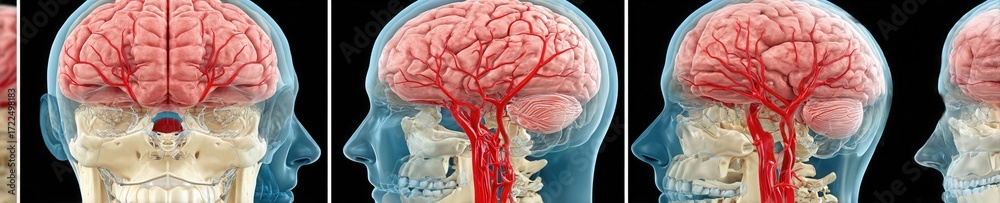 3D medical illustration of human brain showing blocked vessel with ...