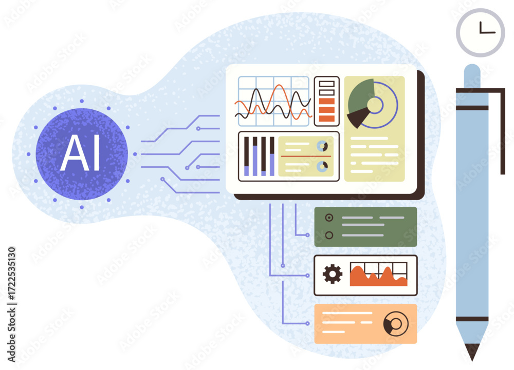AI chip connected to dashboard with graphs, pie charts, and tasks ...