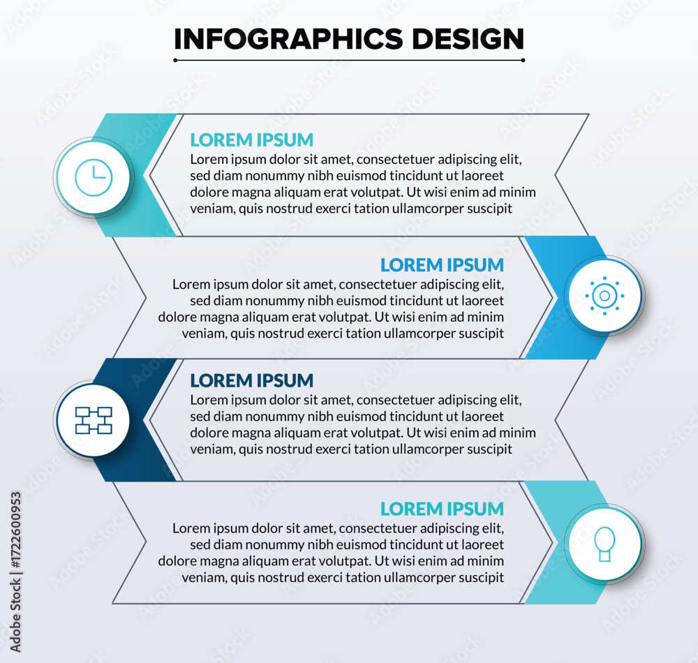 Modern 4-step process flow infographic using chevron arrow shapes, creating a dynamic and ...
