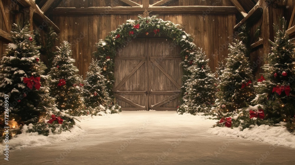 Santa Claus in a rustic workshop set against Christmas entrance large ...