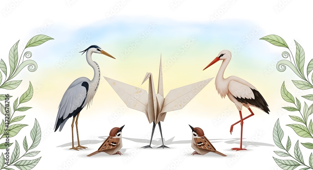 Heron, Stork, Sparrows, and Origami Crane Illustration with Leafy ...