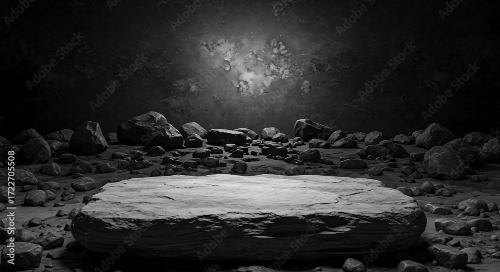 Stock-Foto „Empty Stone Pedestal Stage in Dark Cave Mysterious ...