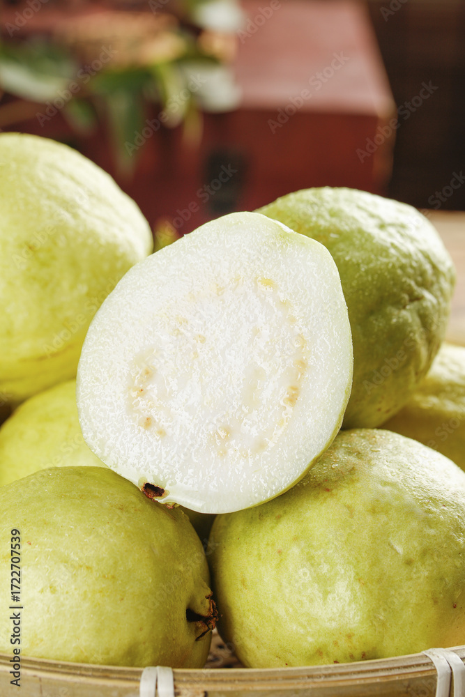 Fresh White Guava Fruit Sliced Showing Soft Flesh and Heart-Shaped ...