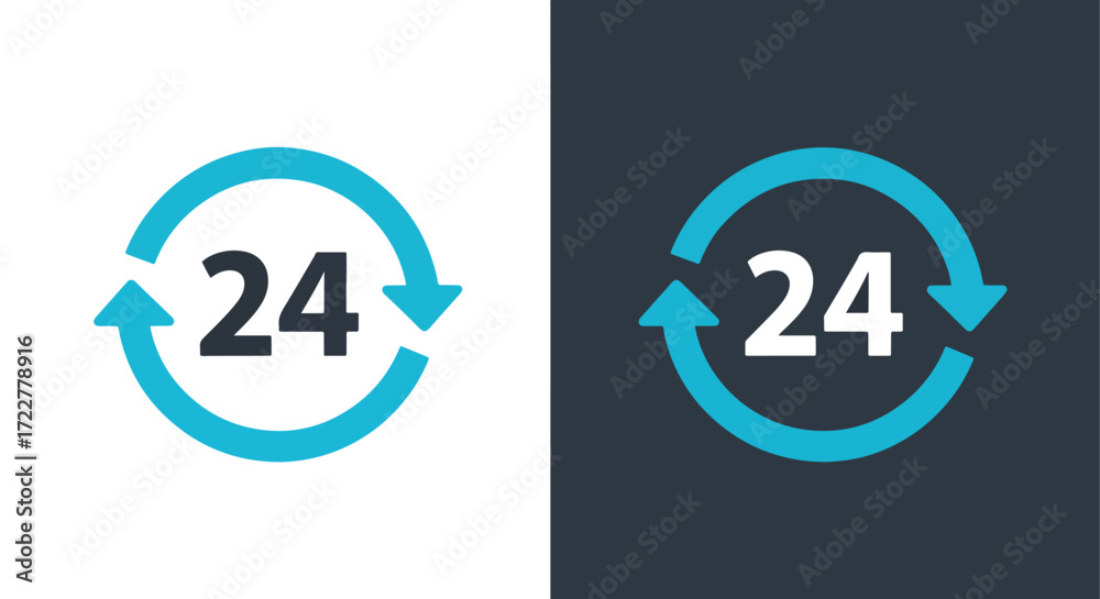 24 hour service icon symbol blue arrows clock sign for continuous ...