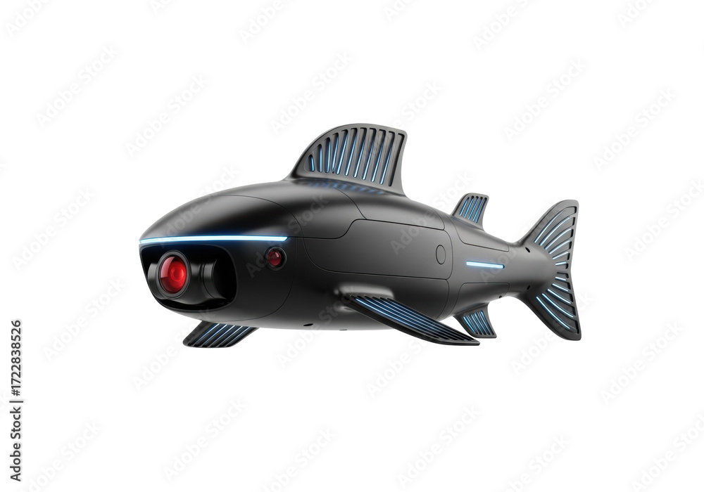 Ultra-modern matte black robotic drone resembling a sleek fish, blue ...