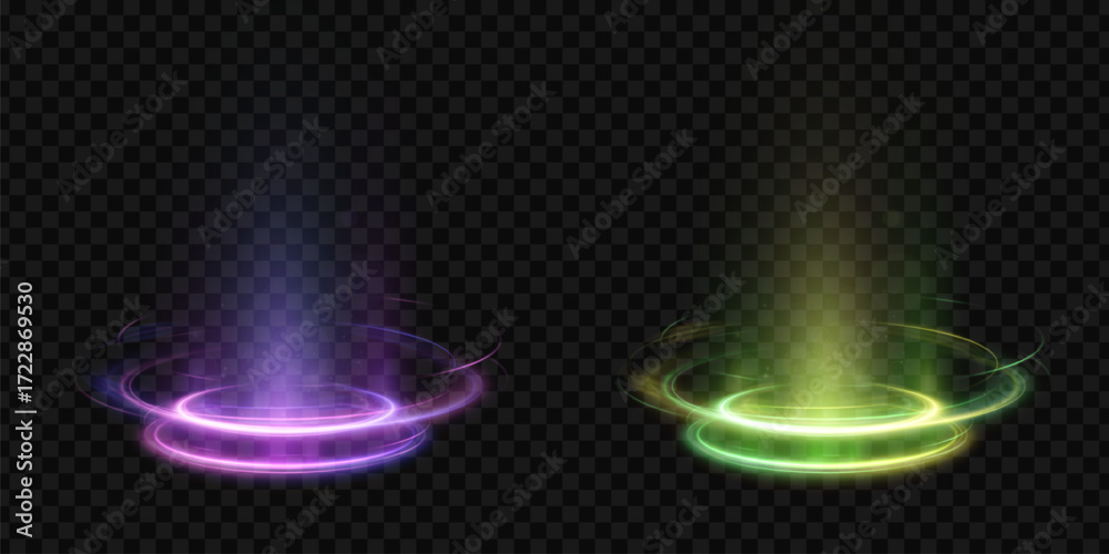 Glowing neon portals, purple and green podiums with glowing energy rays ...