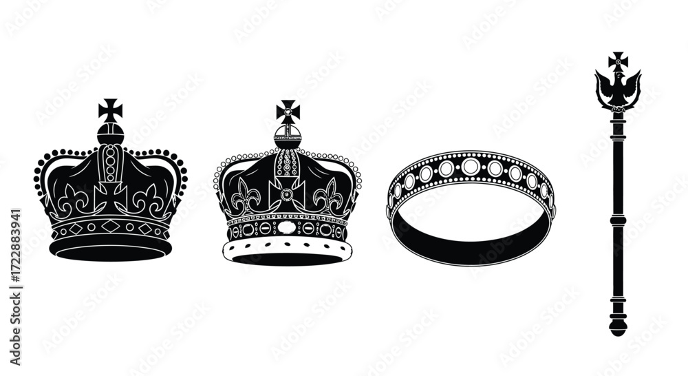 Vector de Stock Royal regalia symbols two crowns a ring and a scepter ...