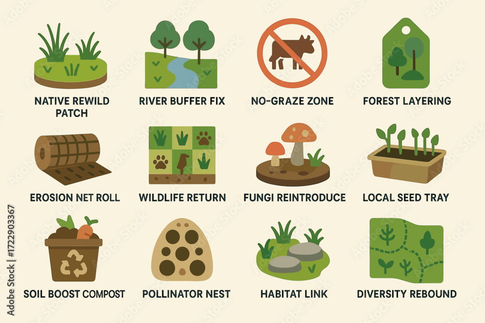 Ecological restoration icons: native rewild, wildlife return, habitat ...