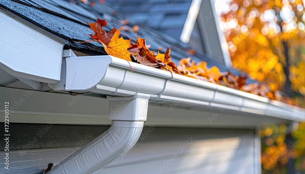 Autumn leaves collect in a white gutter on a house with black roof ...