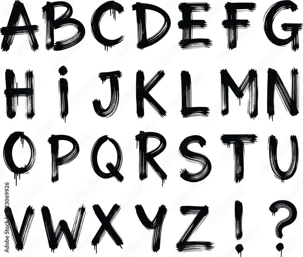 Bold brushstroke alphabet vector illustration with uppercase letters A ...