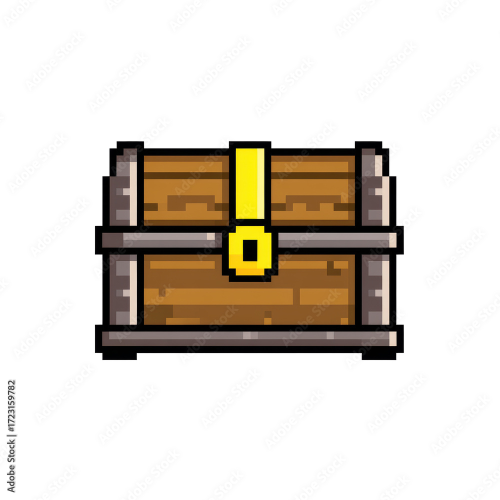 Retro pixel art wooden treasure chest with golden lock for game design ...