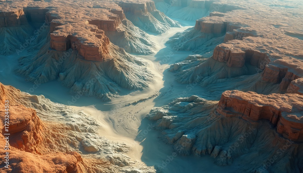 Aerial view of arid canyon terrain with stratified geology. Muted ...