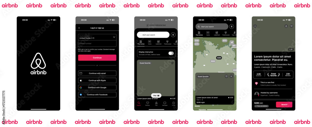 Airbnb UI template 2025 update shown on iPhone 17 — dual light & dark ...