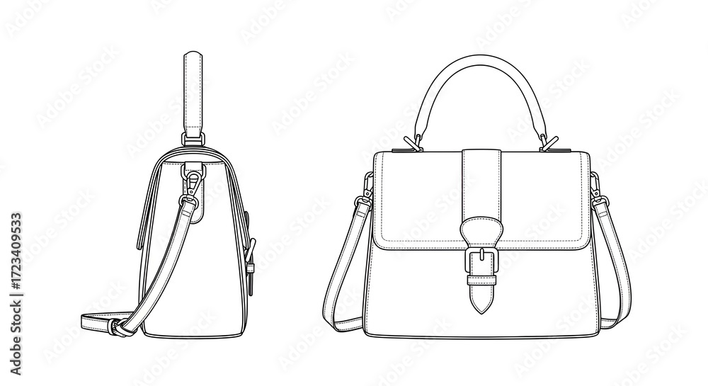 Technical drawing of a handbag, showing front and side views for design ...