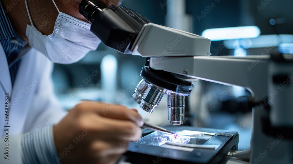 Photo Stock Microscopist examining sample slide using advanced ...