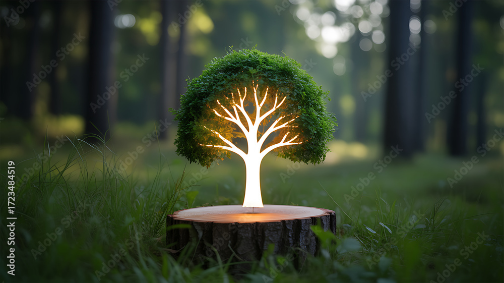 Glowing tree sculpture on a tree stump in a forest setting Stock Photo ...