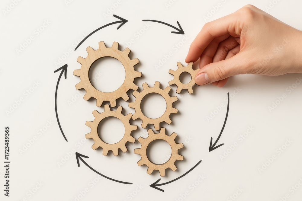 Hand adding a gear to a connected system with circular arrows Stock ...