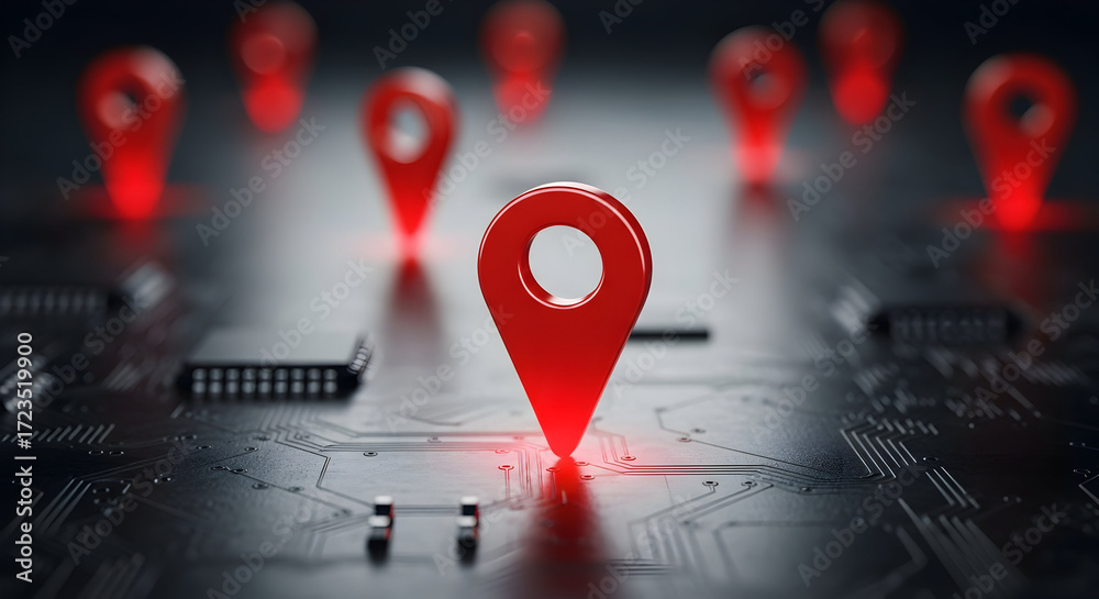 Global Network Connection Red Location Pins on Circuit Board Digital ...