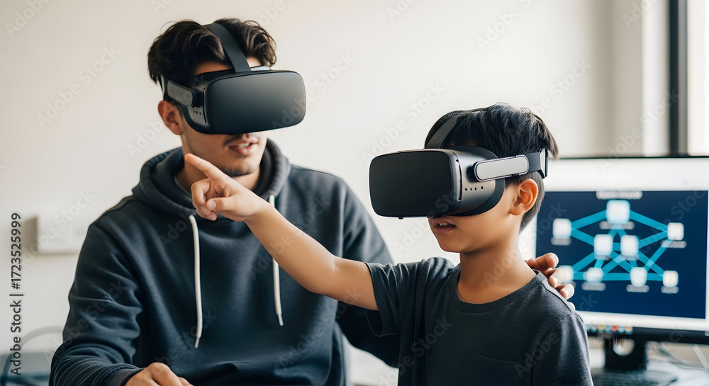 Father and son experiencing immersive virtual reality together ...