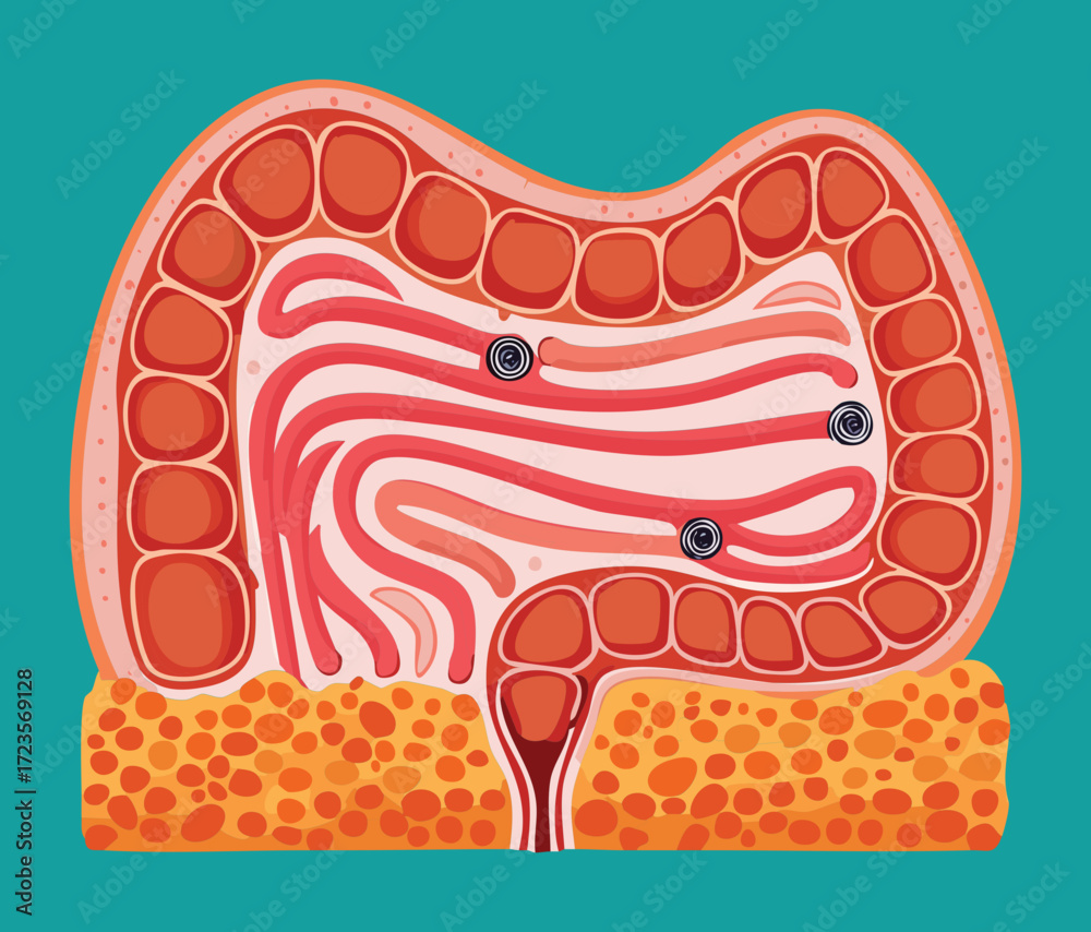 Microscopic cross-section of the small intestine, showing the complex ...