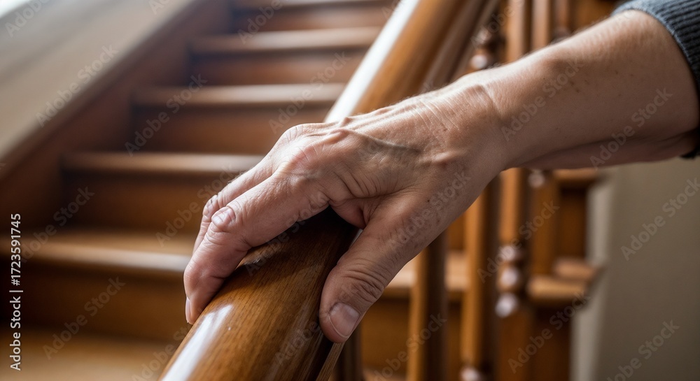 Elderly Hand Gripping Stair Rail for Mobility Support in Home ...