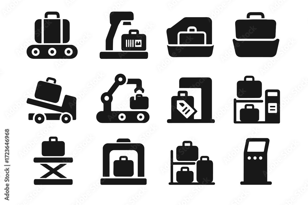 Stock-Vektorgrafik „Belt system scanner arm icon conveyor tag baggage ...