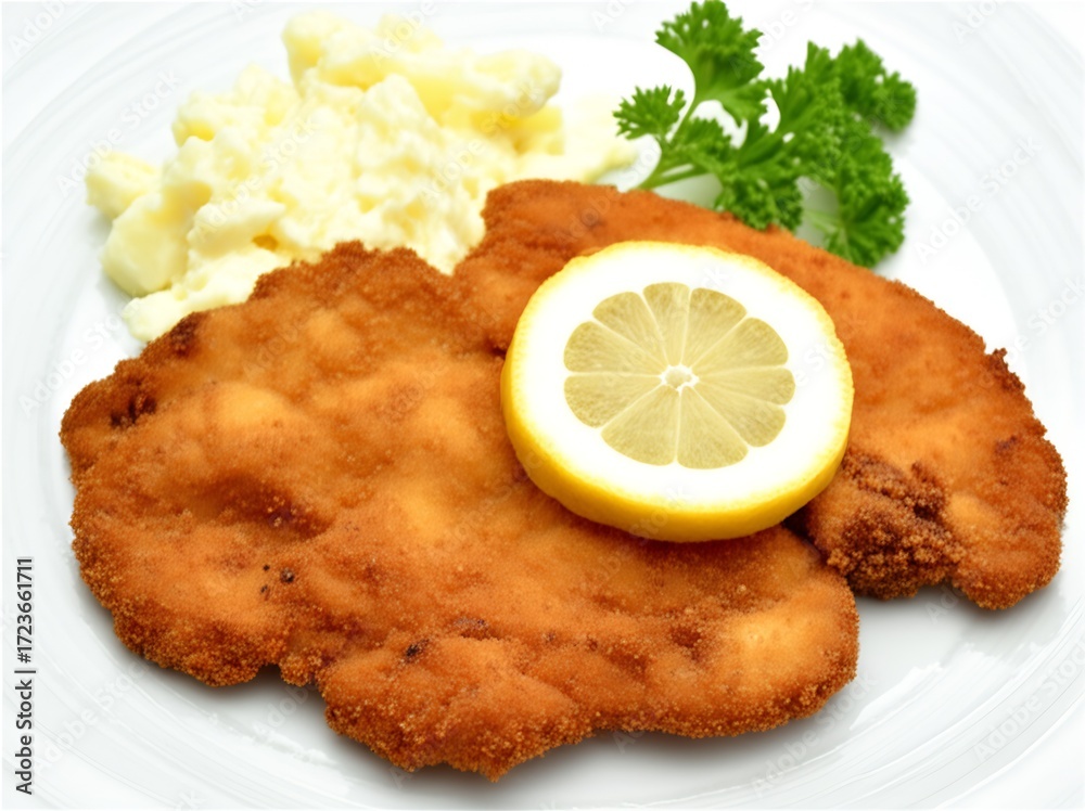 Golden-brown breaded schnitzel, a perfectly crisp meat cutlet, served ...